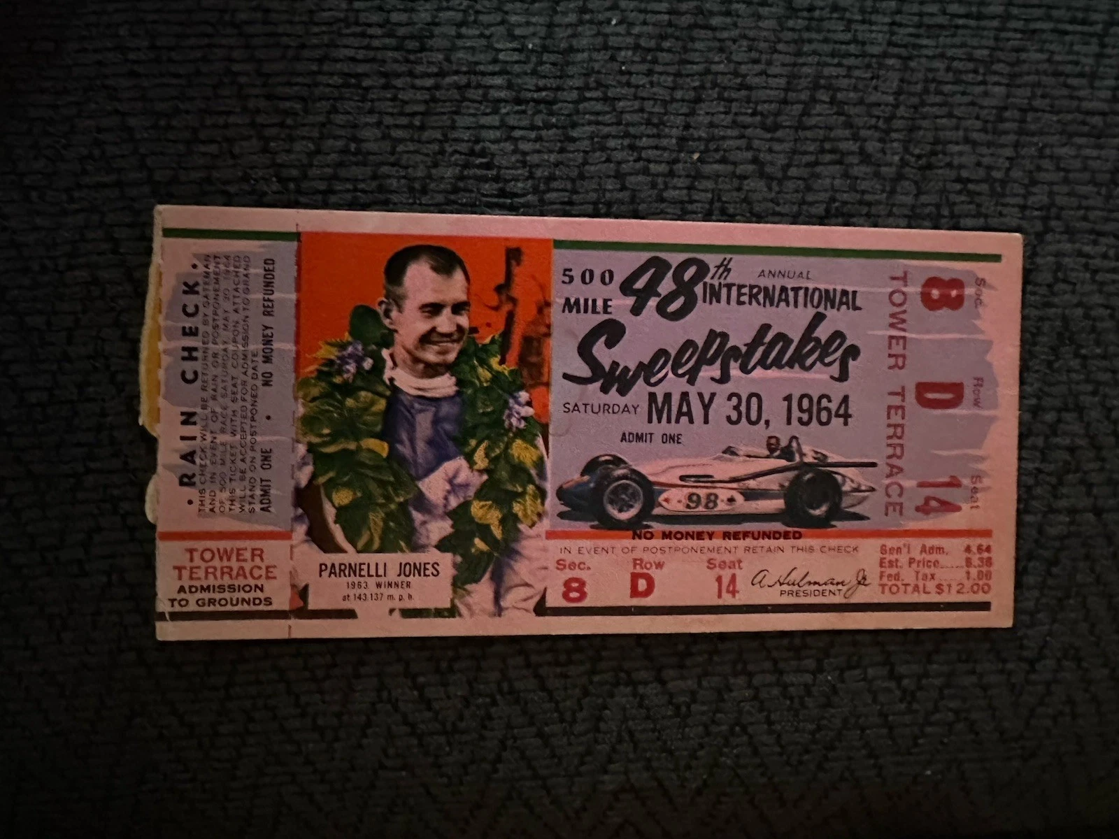 1964 Indy 500 Parnelli Jones Ticket Stub (1963 Race Winner ...