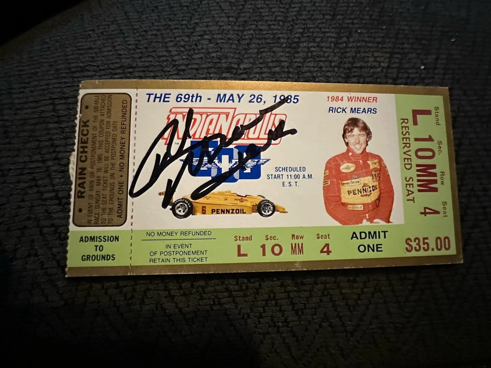 1985 Indy 500 Rick Mears Signed Ticket Stub (1984 Indy Race Winner ...