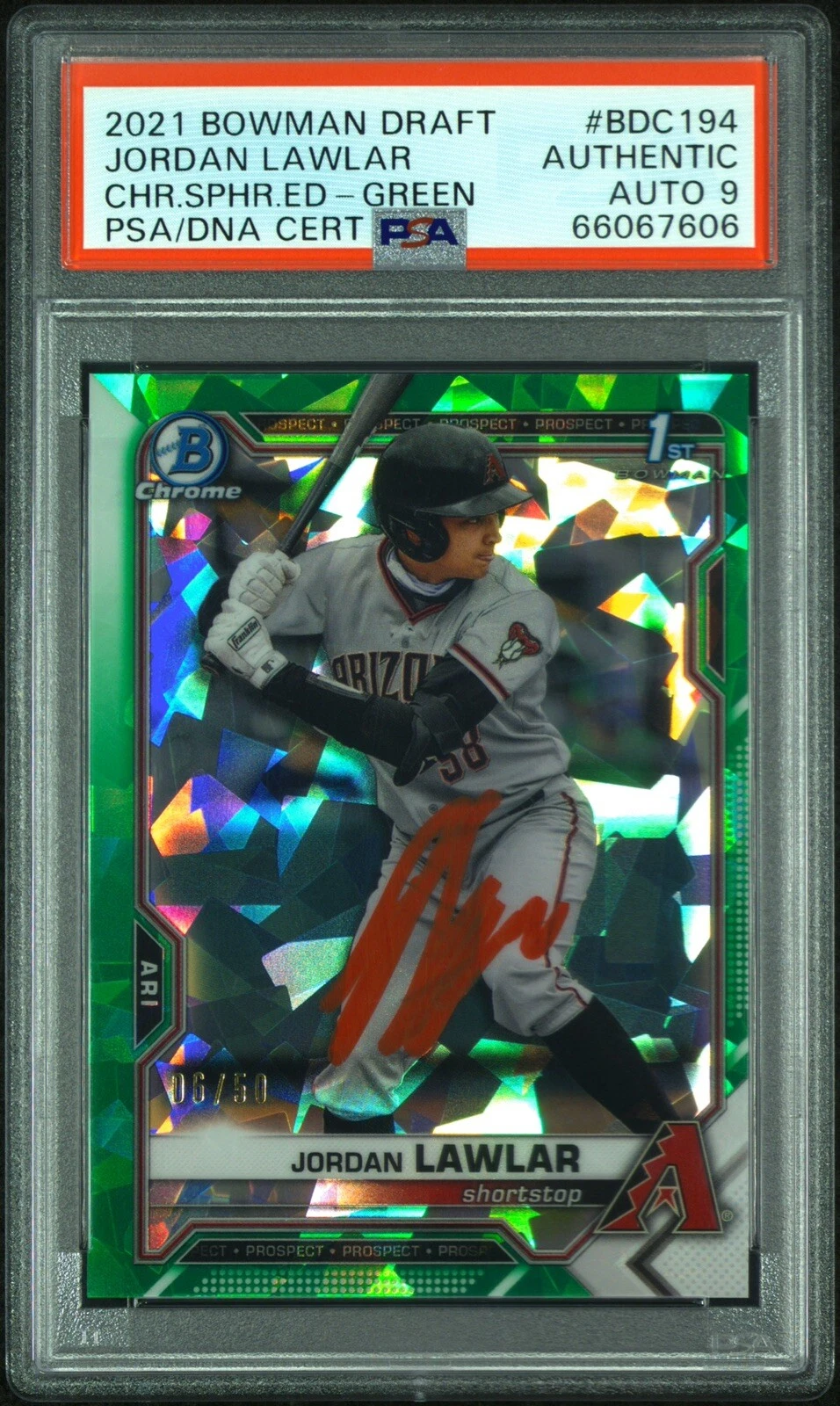 Jordan Lawlar Signed 2021 Bowman Draft Chrome Sapphire Green /50 Psa ...