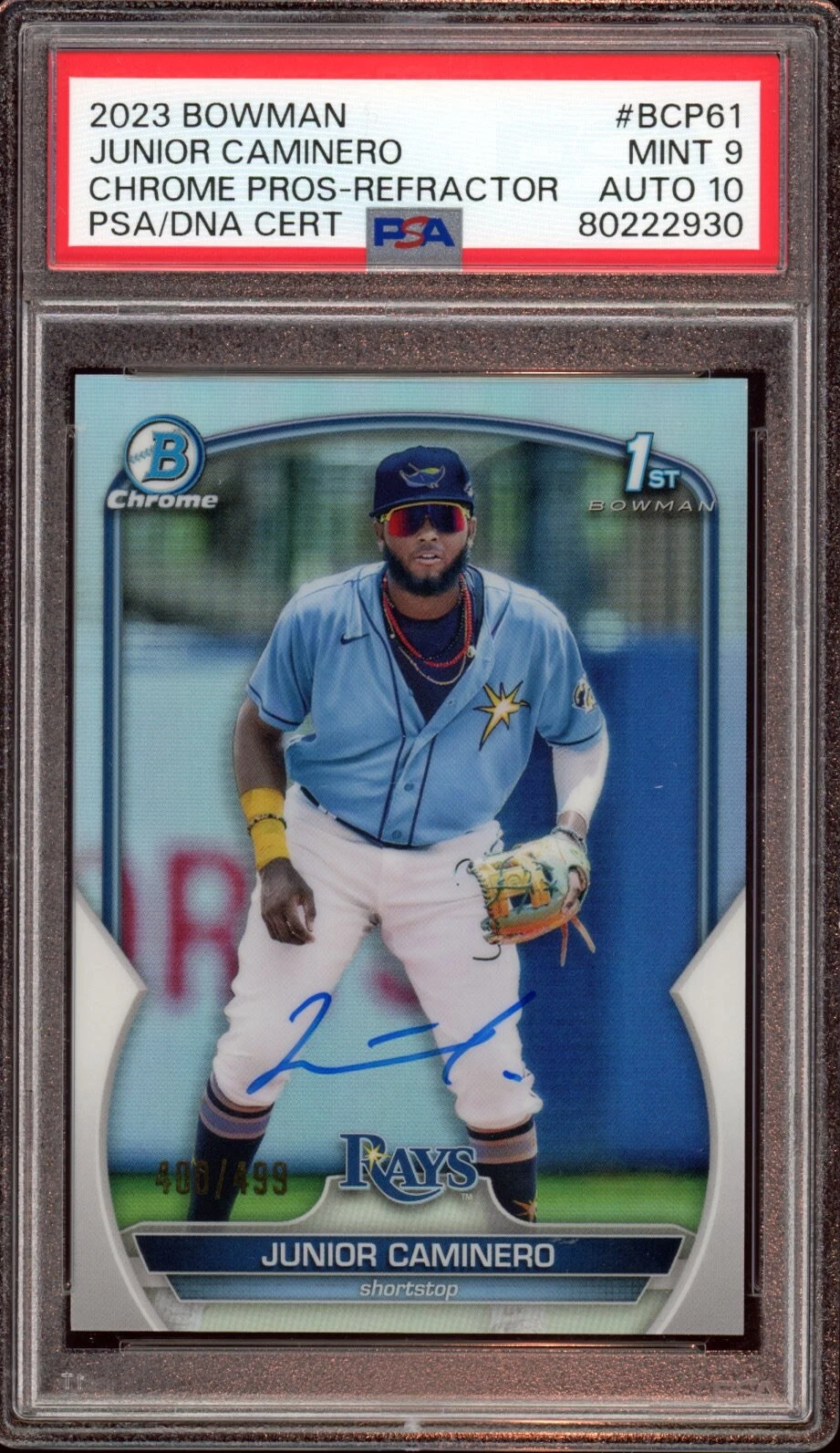 2023 Bowman Chrome #BCP61 Junior Caminero Refractor Auto /499 Psa MINT 9/GEM 10 | Autographia