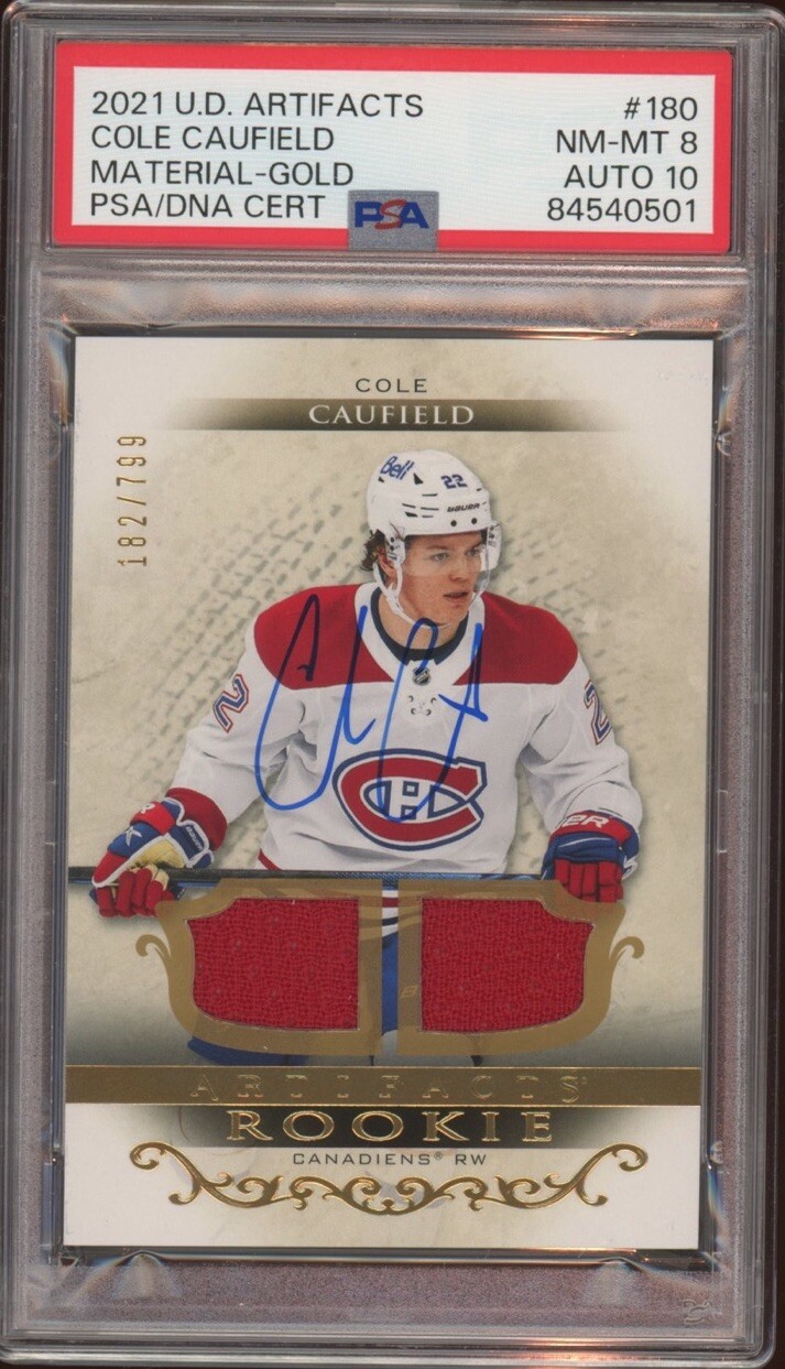 2021 UD Artifacts #180 Cole Caufield Rookie Material Gold RPA /799 Psa ...