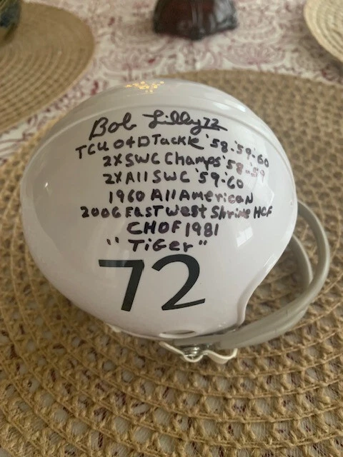 BOB LILLY HAND SIGNED CUSTOM MADE TCU MINI HELMET 7 INSCRIPTIONS JSA ...