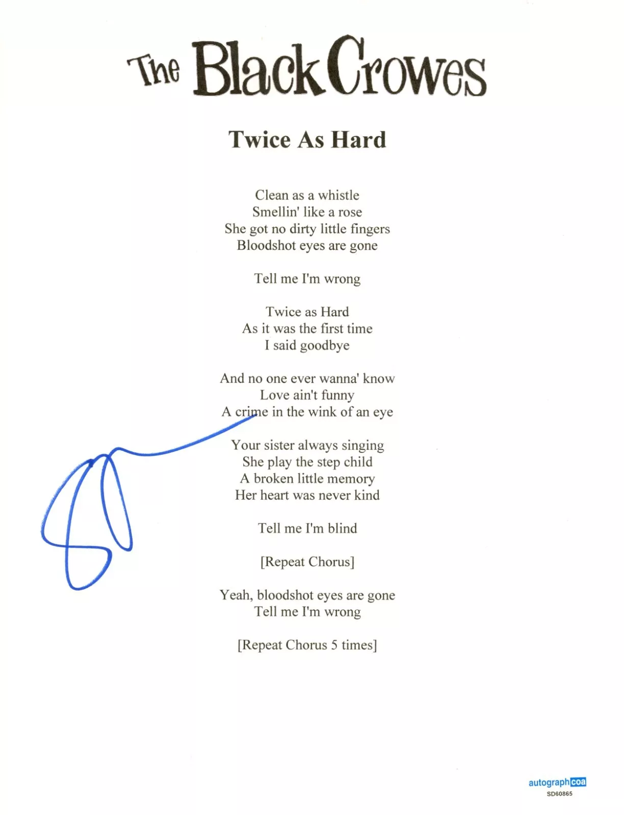 Steve Gorman The Black Crowes Signed "Twice As Hard" Lyric Sheet ...