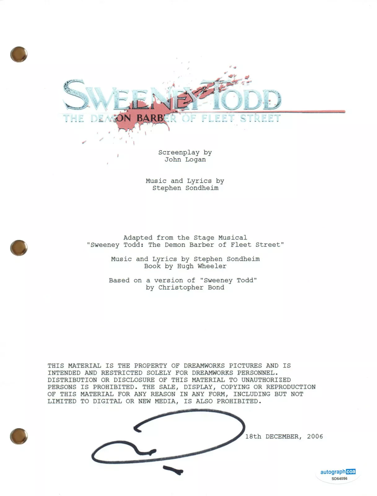 Jamie Campbell Bower “Sweeney Todd” Signed Autograph Full Movie Script ...