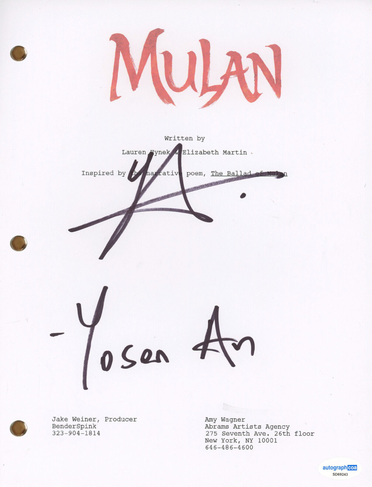 Yoson An “Mulan” Signed Autograph Full Movie Script Screenplay 2020 ...