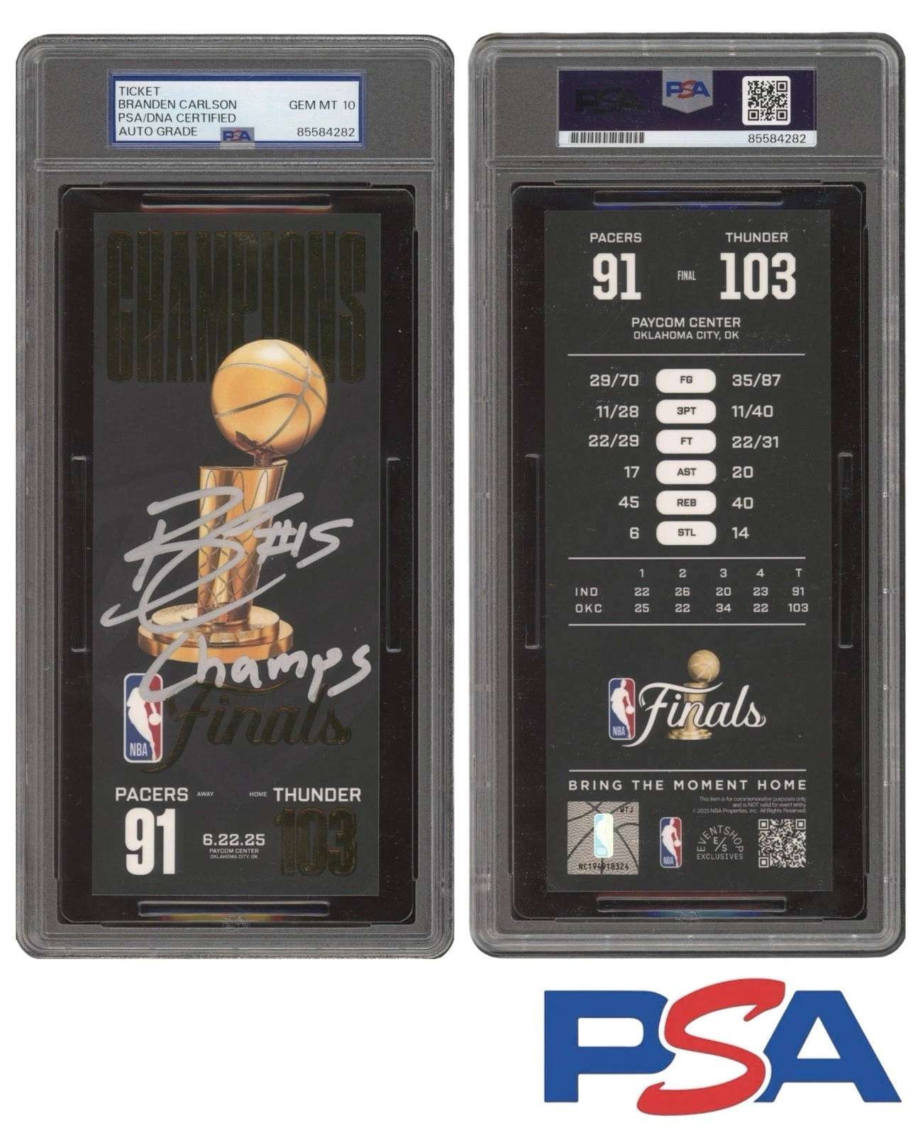 Branden Carlson Signed 2025 NBA FINALS CHAMPIONS Ticket PSA GEM 10 AUTO ...