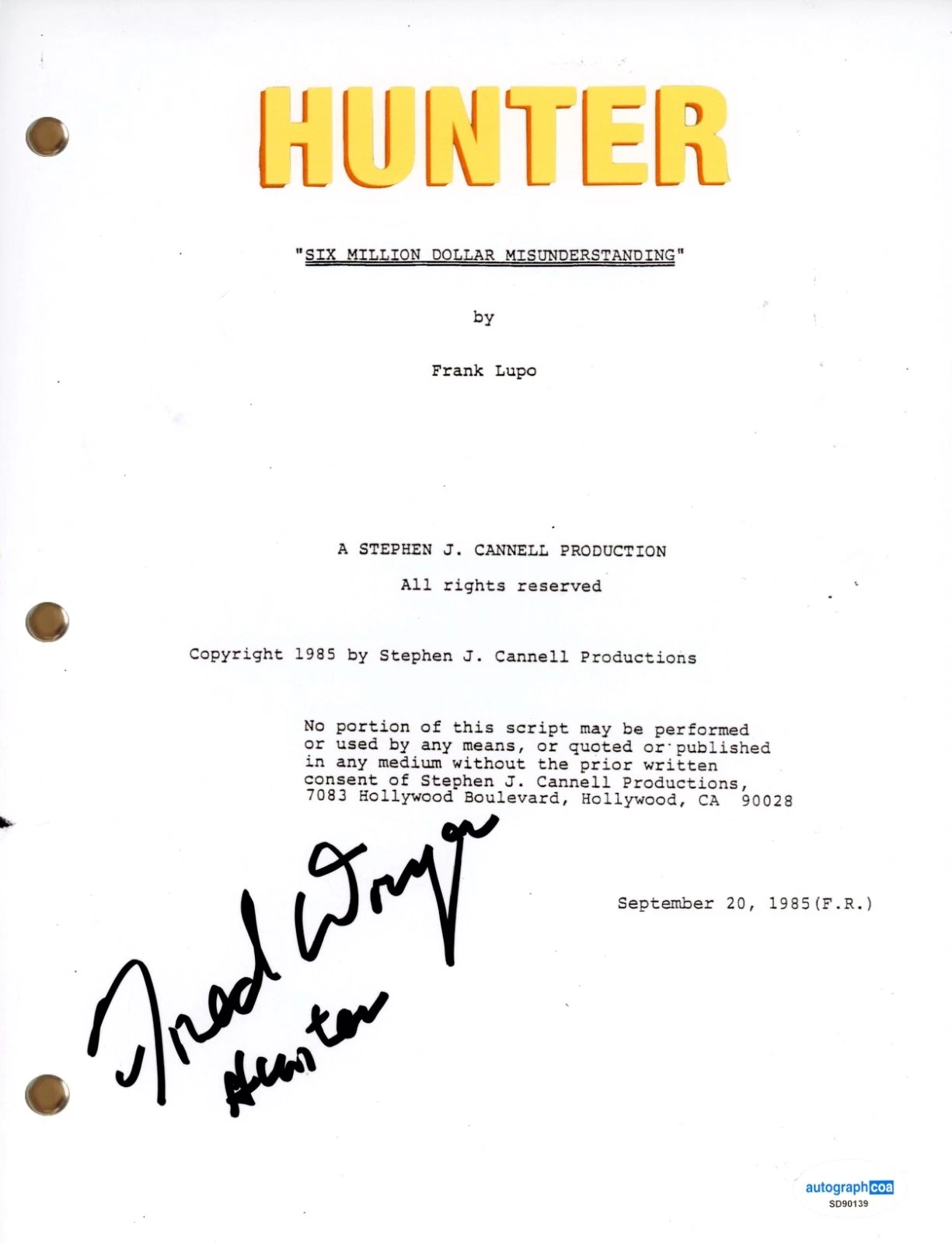 Fred Dryer "Hunter" Signed Autograph Full Episode Script TV Screenplay ...