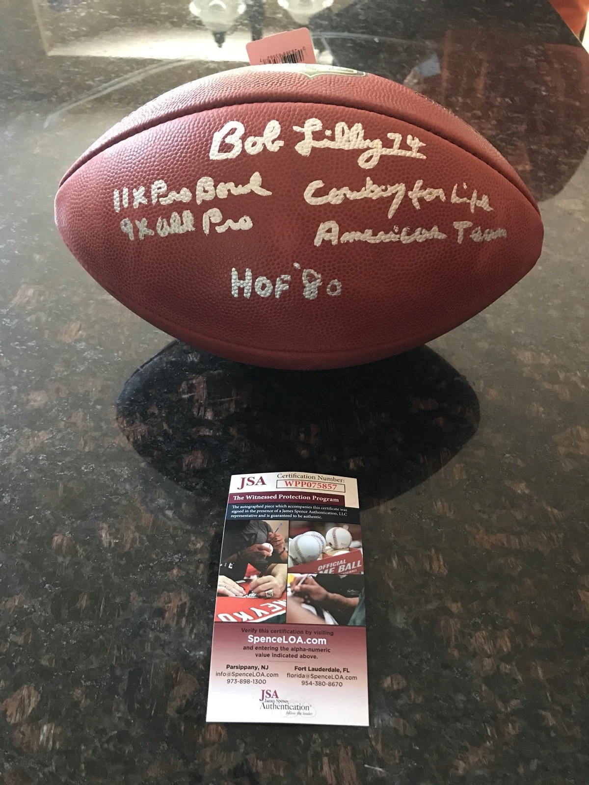 Bob Lilly Signed "Duke" Stat Football, JSA, 5 Inscriptions Dallas ...