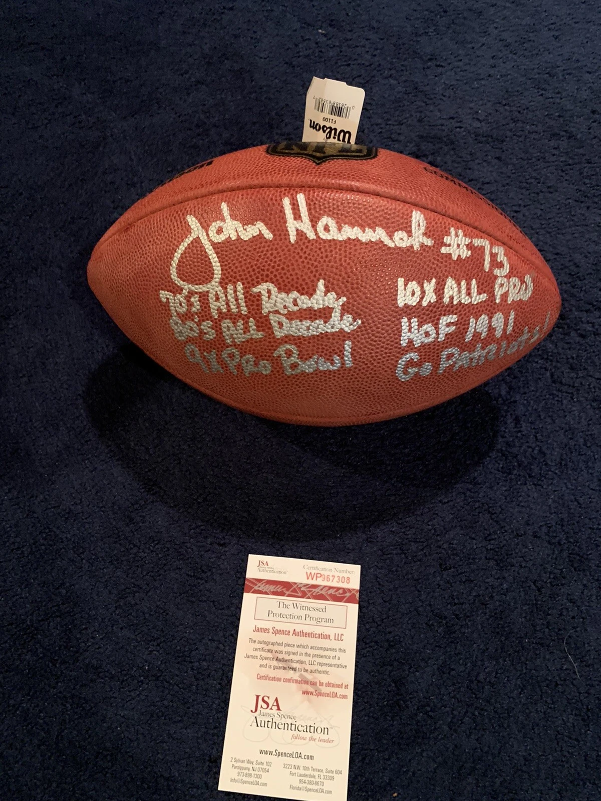 Rare John Hannah Signed "Duke" Stat Football, JSA, 6 Inscriptions ...