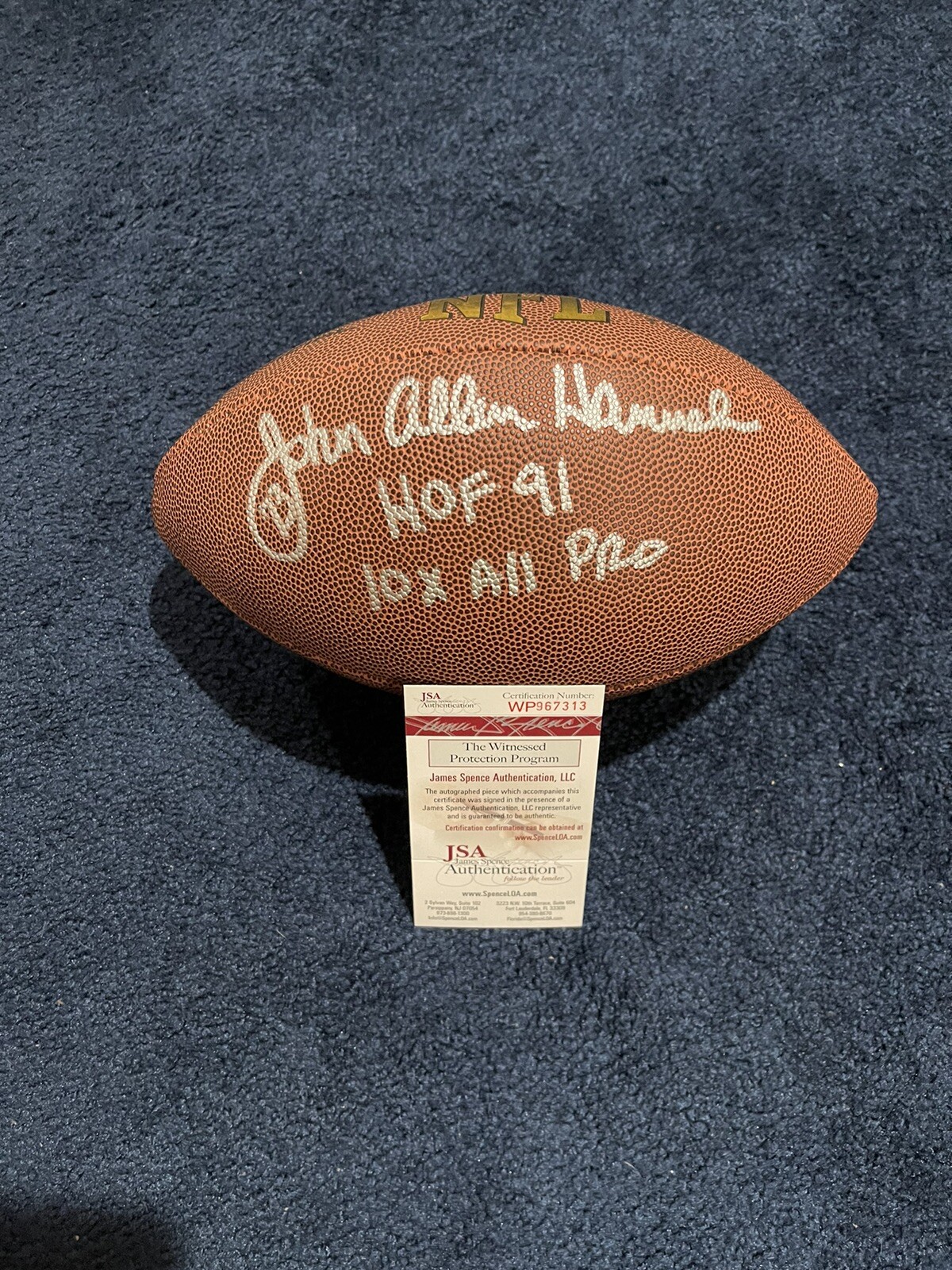 John Hannah Signed Stat Football, JSA, 2 Inscriptions W/ Full Name ...