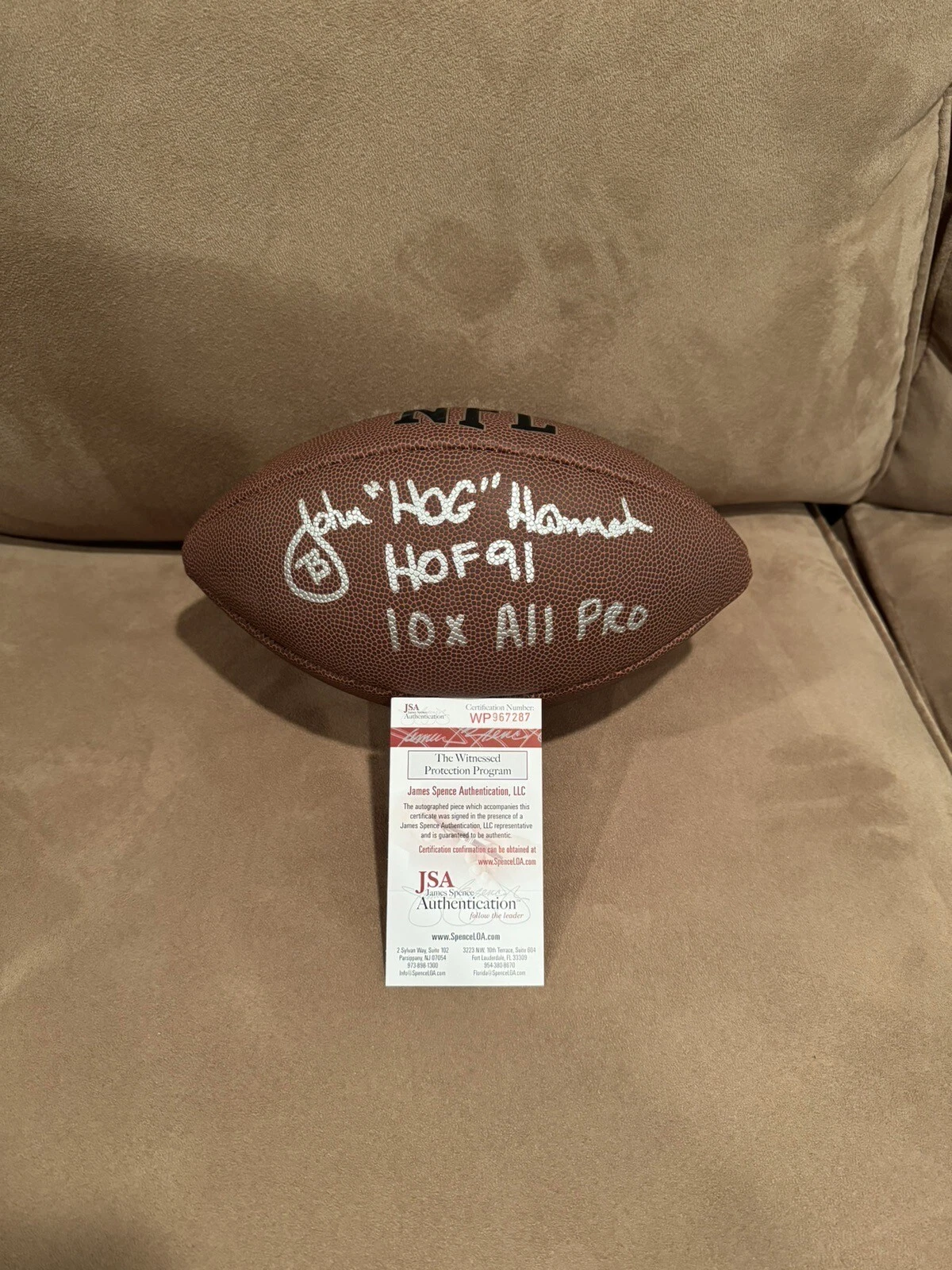John Hannah Signed Stat Football, JSA, 3 Inscriptions Patriots ...