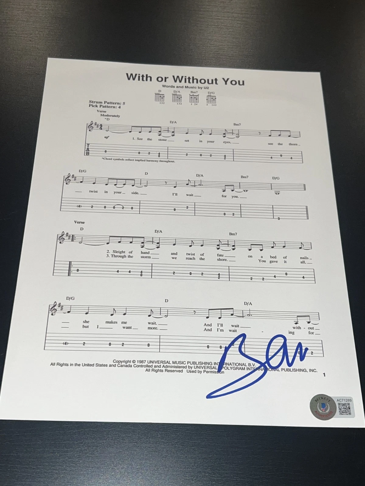 BONO SIGNED AUTOGRAPH SHEET MUSIC WITH OR WITHOUT YOU U2 JOSHUA TREE ...
