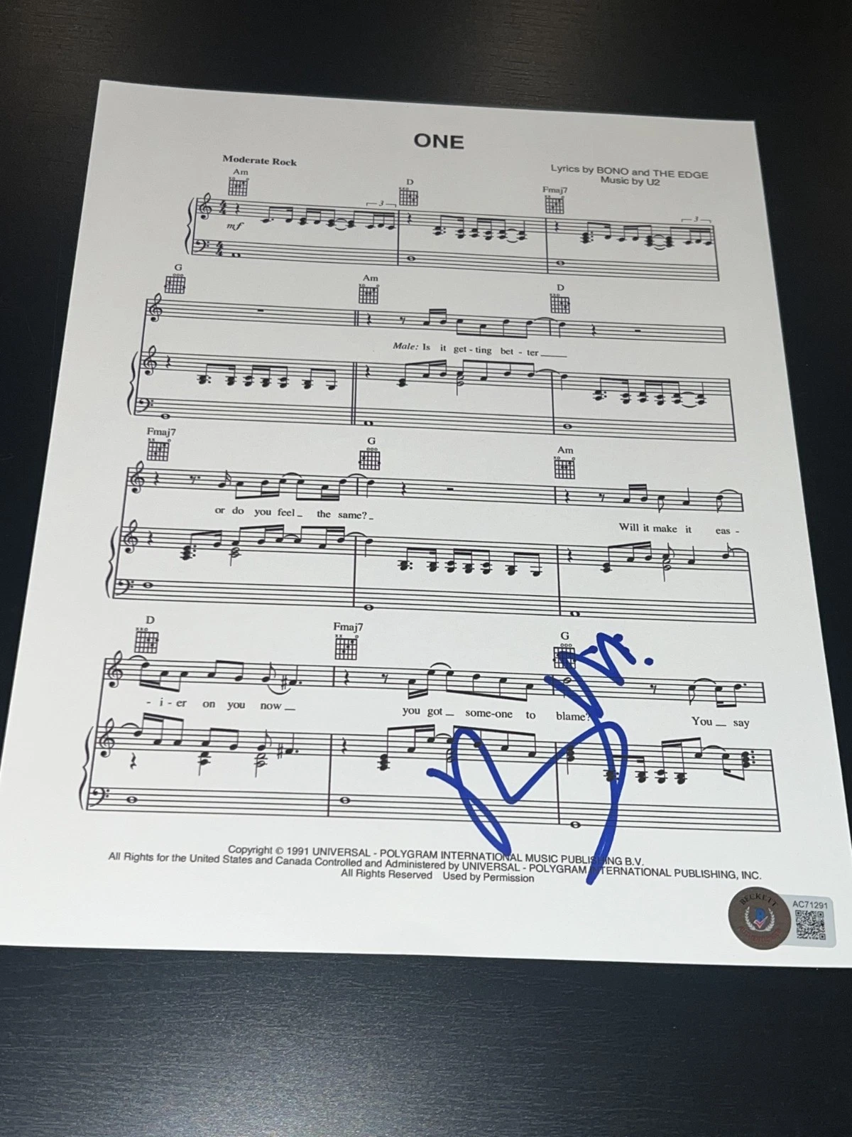 BONO SIGNED AUTOGRAPH SHEET MUSIC ONE JOSHUA TREE BECKETT BAS COA AUTO ...