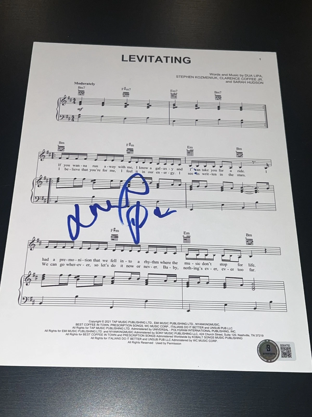 DUA LIPA SIGNED AUTOGRAPH SHEET MUSIC LEVITATING BECKETT BAS COA MSG ...