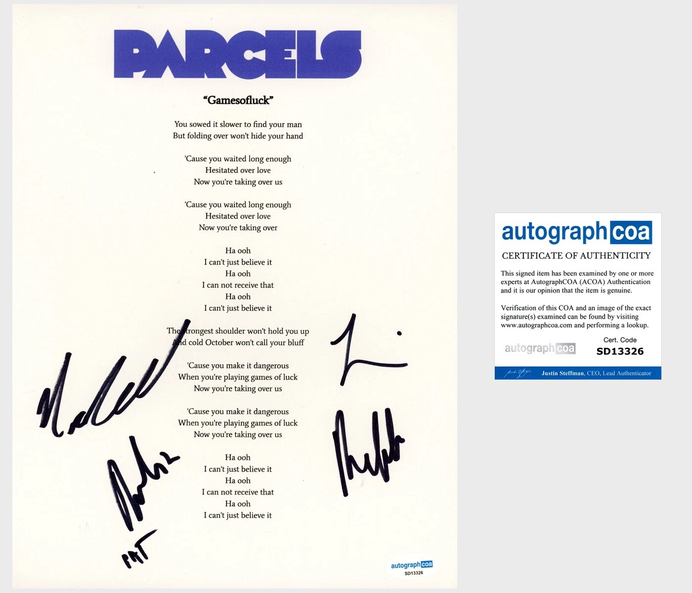 ‘Parcels’ Full Band Signed Lyric Sheet ‘Gamesofluck’ Pat Hetherington ...