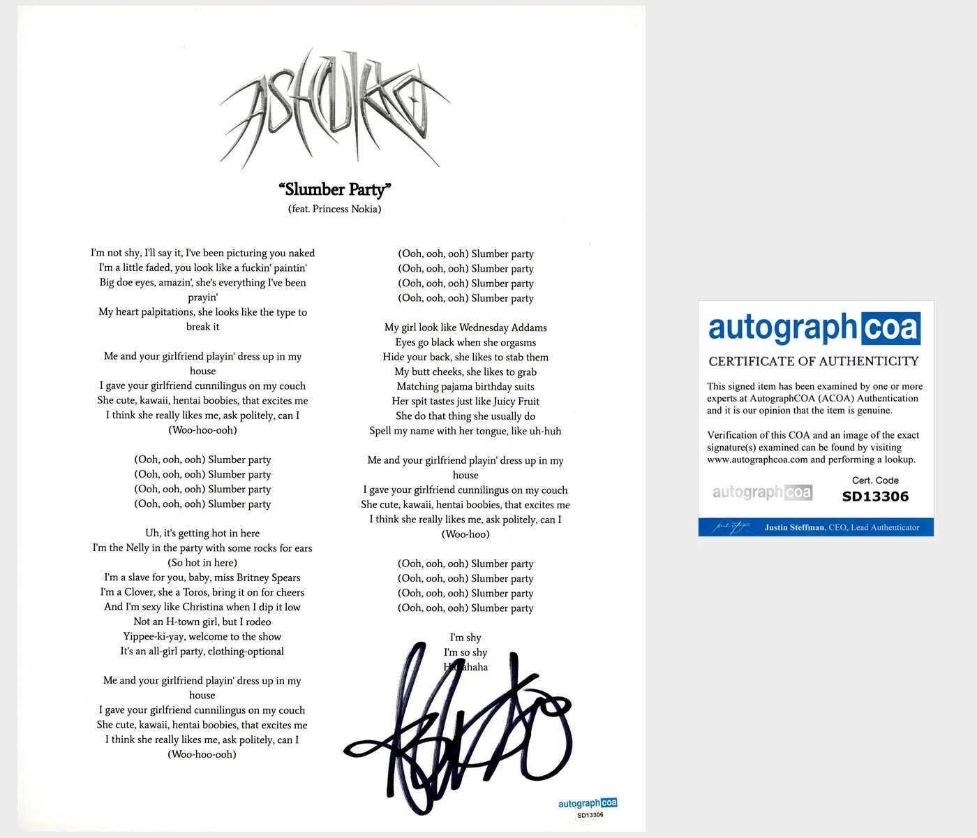 ‘Ashnikko’ Signed Lyric Sheet ‘Slumber Party’ ACOA RARE PROOF | Autographia