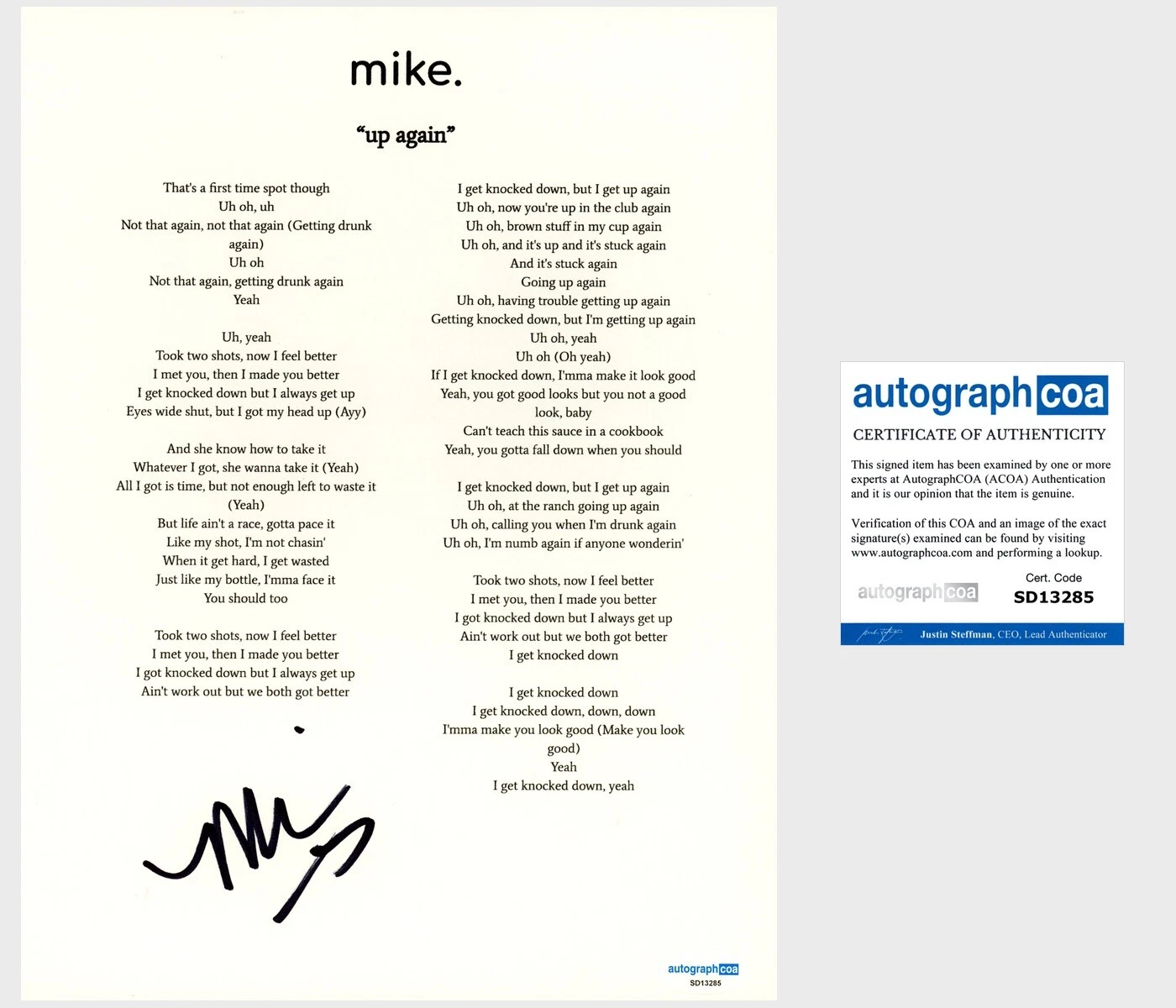 ‘Mike Stud’ Rapper Signed Lyric Sheet ‘Up Again’ mike. ACOA | Autographia
