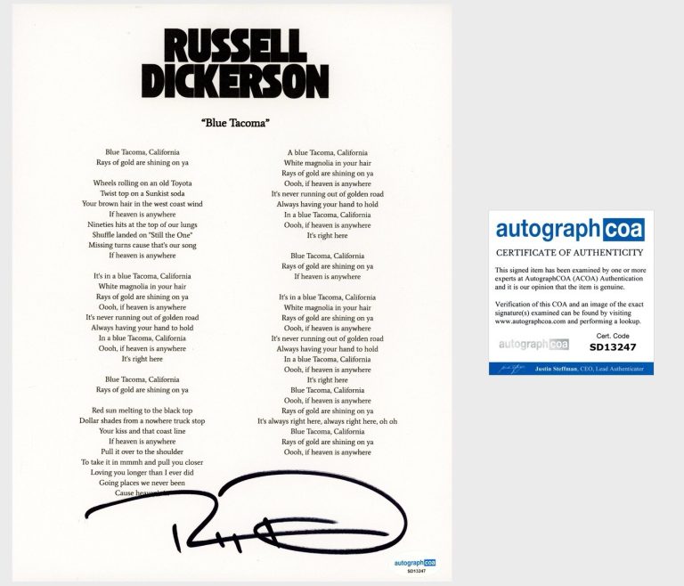 ‘Russell Dickerson’ Signed Lyric Sheet ‘Blue Tacoma’ Country Singer ...