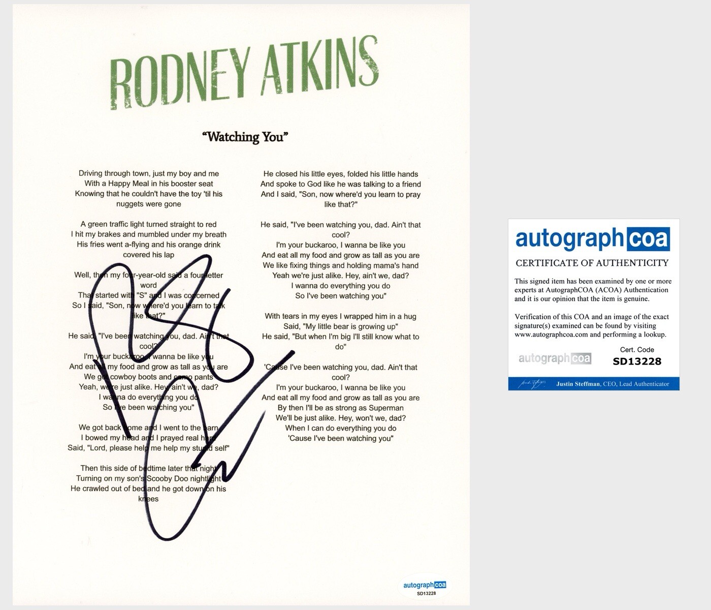 ‘Rodney Atkins’ Signed Lyric Sheet ‘Watching You’ ACOA PROOF | Autographia