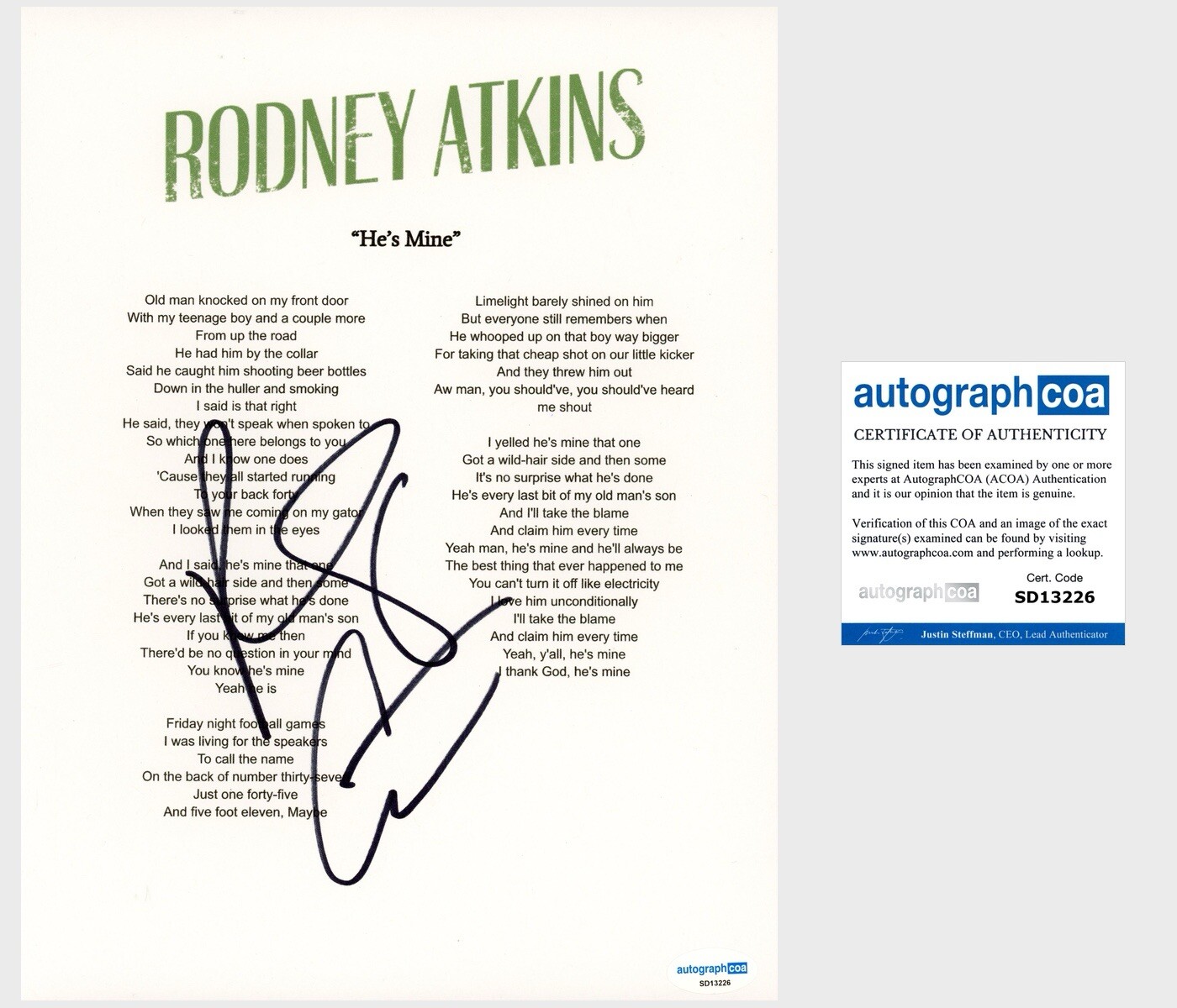 ‘Rodney Atkins’ Signed Lyric Sheet ‘He’s Mine’ ACOA PROOF | Autographia