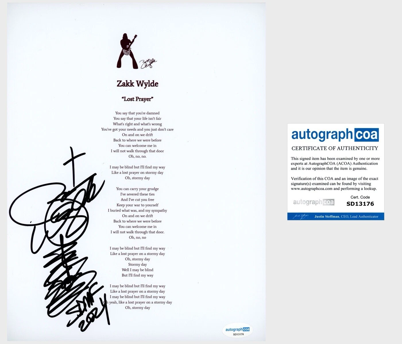‘Zakk Wylde’ Signed Lyric Sheet ‘Lost Prayer’ Black Label Society ACOA ...