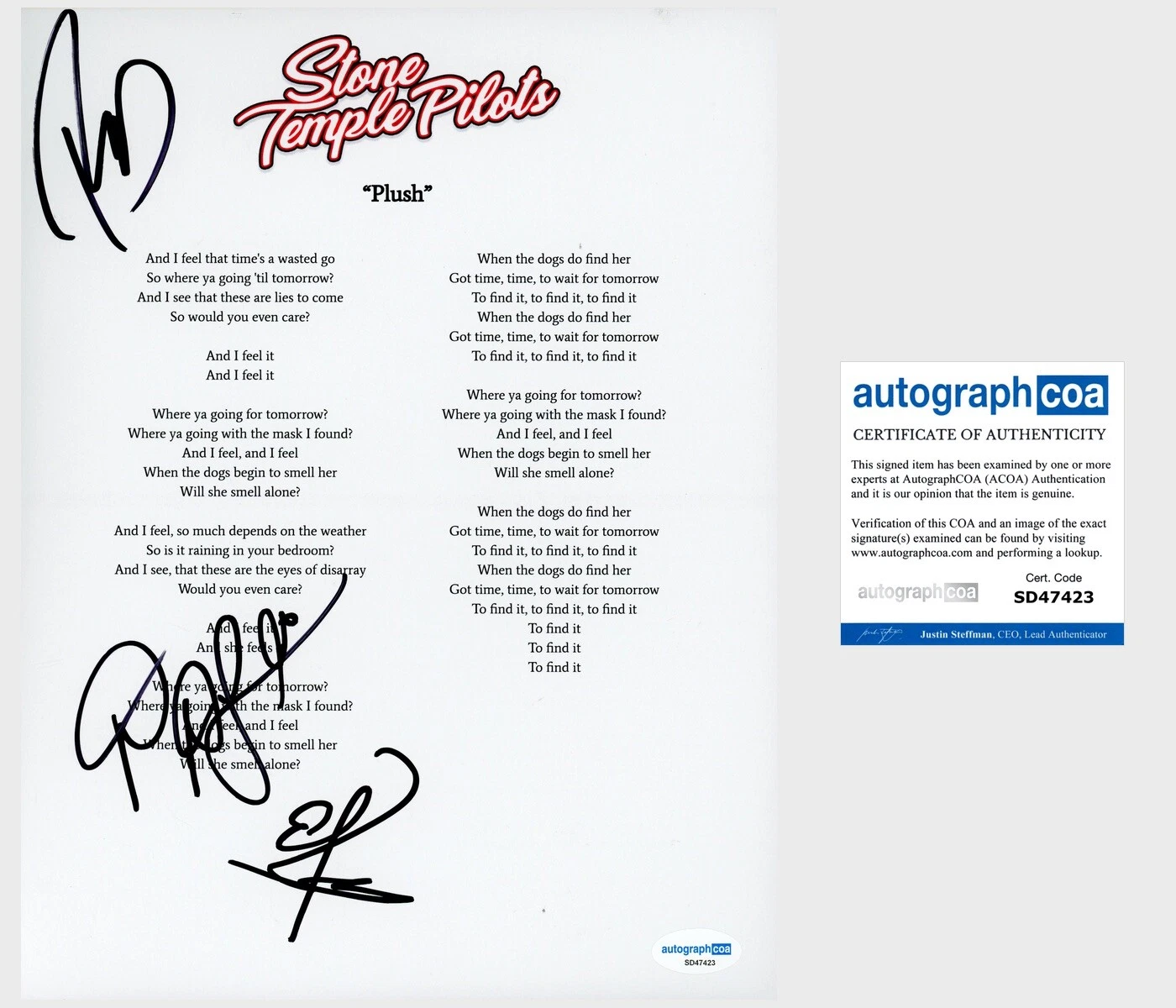 ‘Stone Temple Pilots’ Band Signed Lyric Sheet Dean & Robert DeLeo, Eric ...