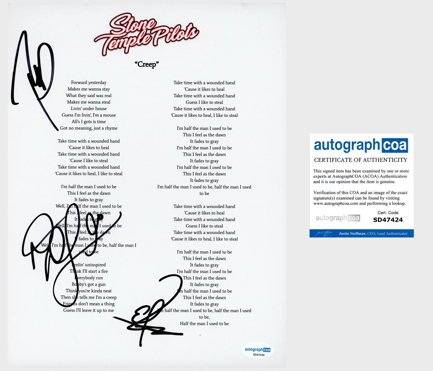 ‘Stone Temple Pilots’ Band Signed Lyric Sheet Dean & Robert DeLeo, Eric ...
