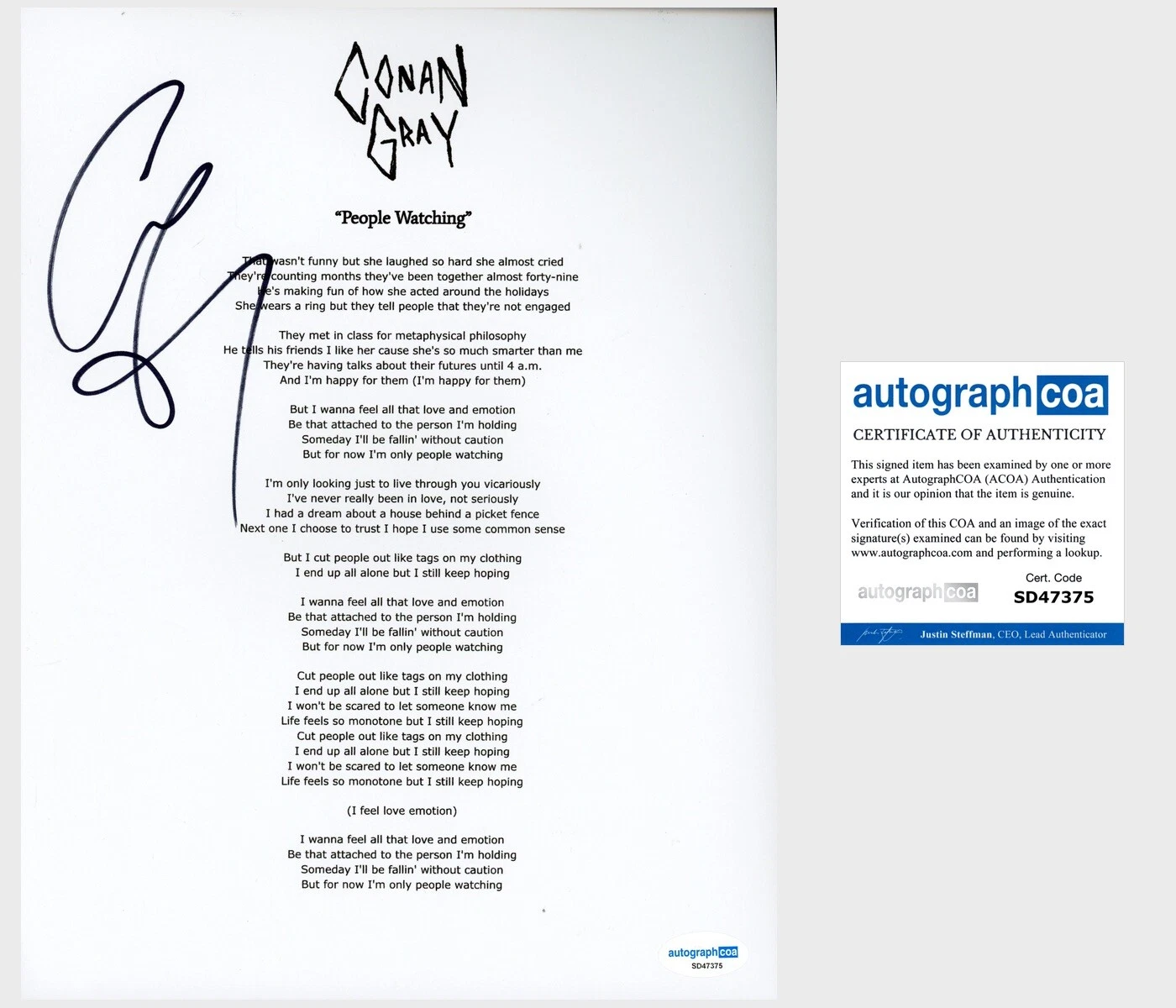 Conan Gray Signed ‘People Watching’ Lyric Sheet Pop Singer ACOA ...