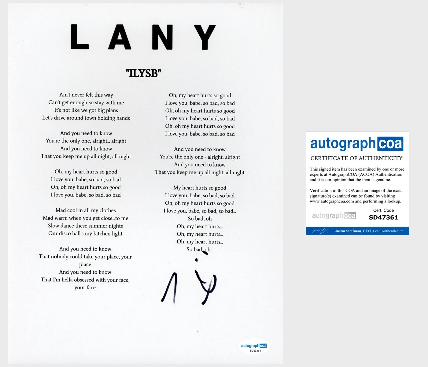 Jake Goss ‘LANY’ Signed Lyric Sheet Pop Band Drummer ‘ILYSB’ ACOA ...