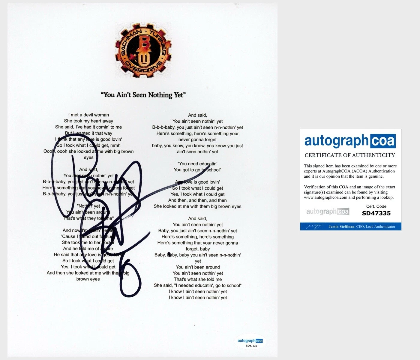 ‘Randy Bachman’ Signed ‘You Ain’t Seen Nothing Yet’ Lyric Sheet ‘BTO ...
