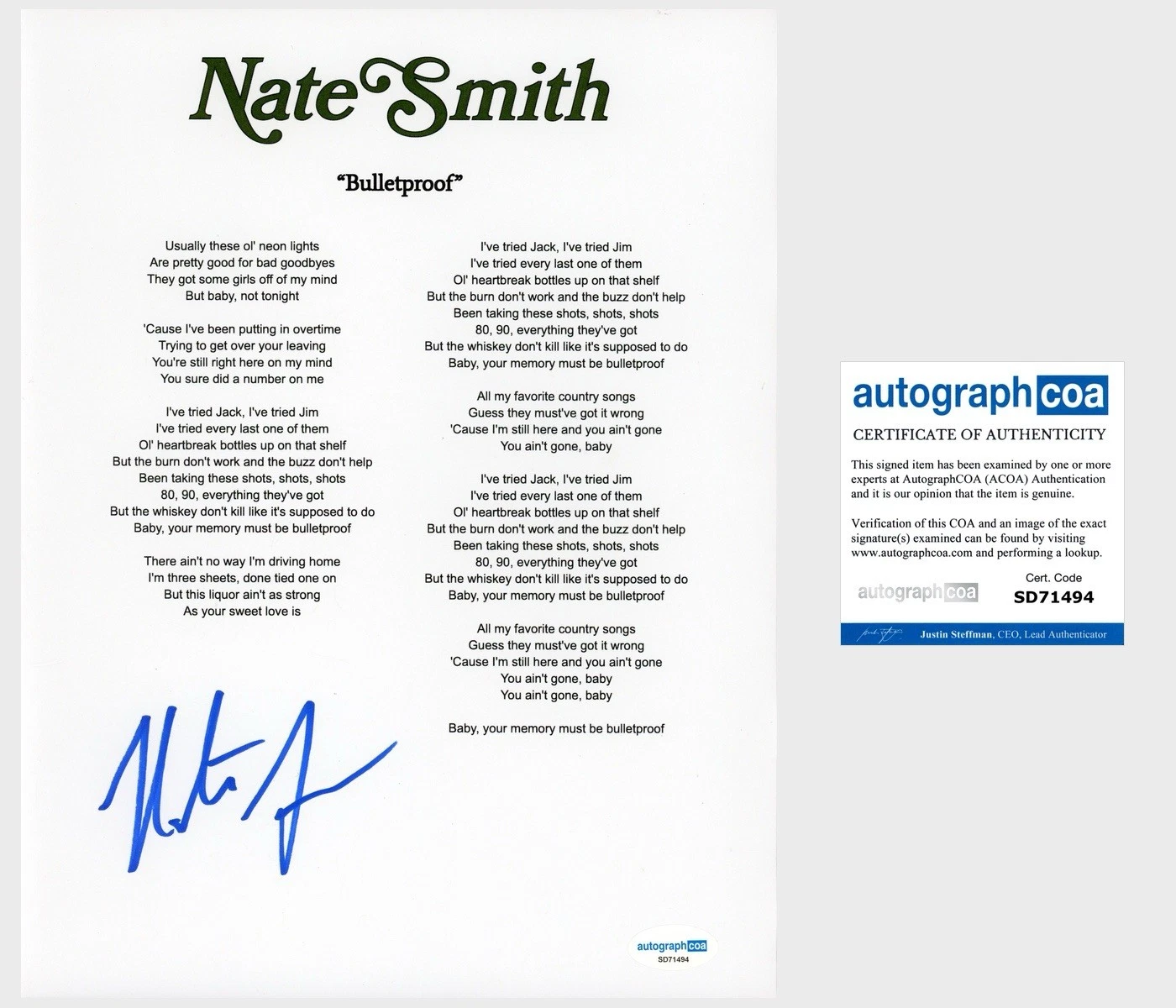 ‘Nate Smith’ Country Singer Signed ‘Bulletproof’ Lyric Sheet Autograph ...