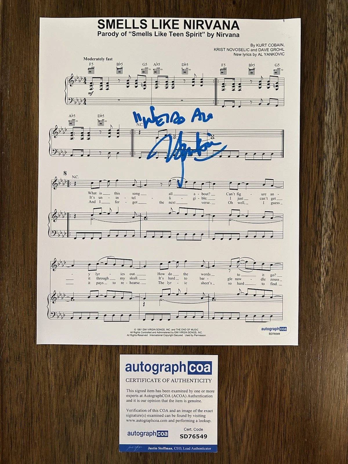 ‘Weird Al Yankovic’ Parody Singer Signed ‘Smells Like Nirvana’ Sheet ...