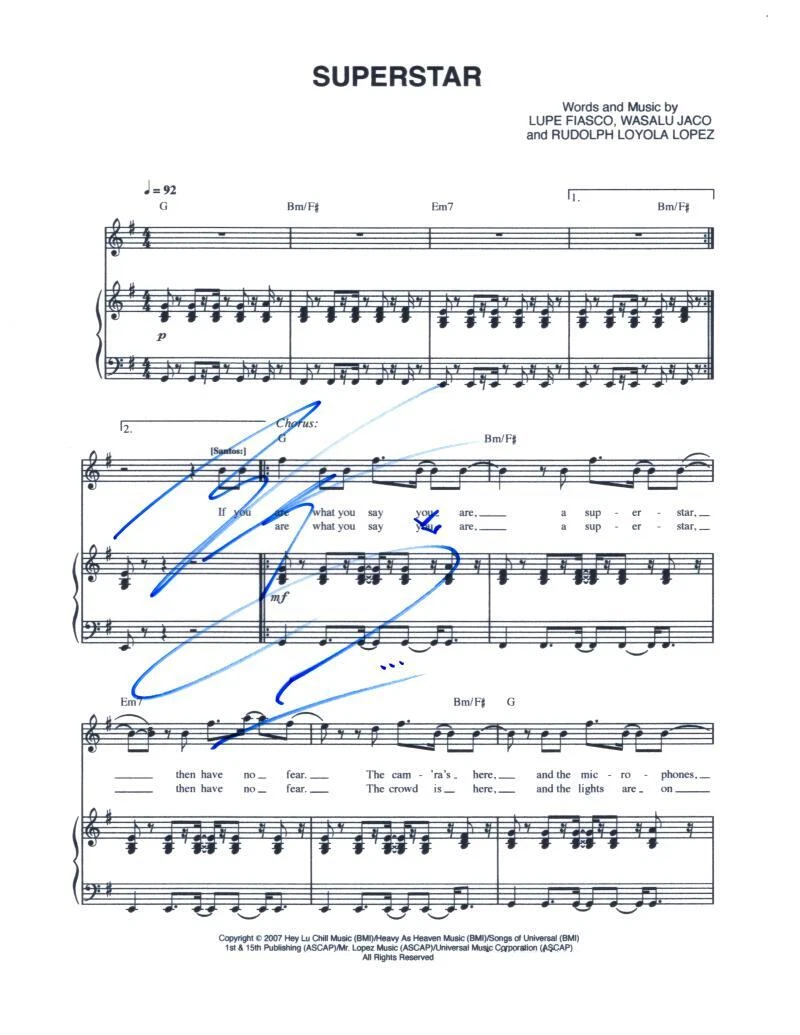 Lupe Fiasco Wasalu Muhammad Jaco Signed Autograph Superstar Sheet Music ...