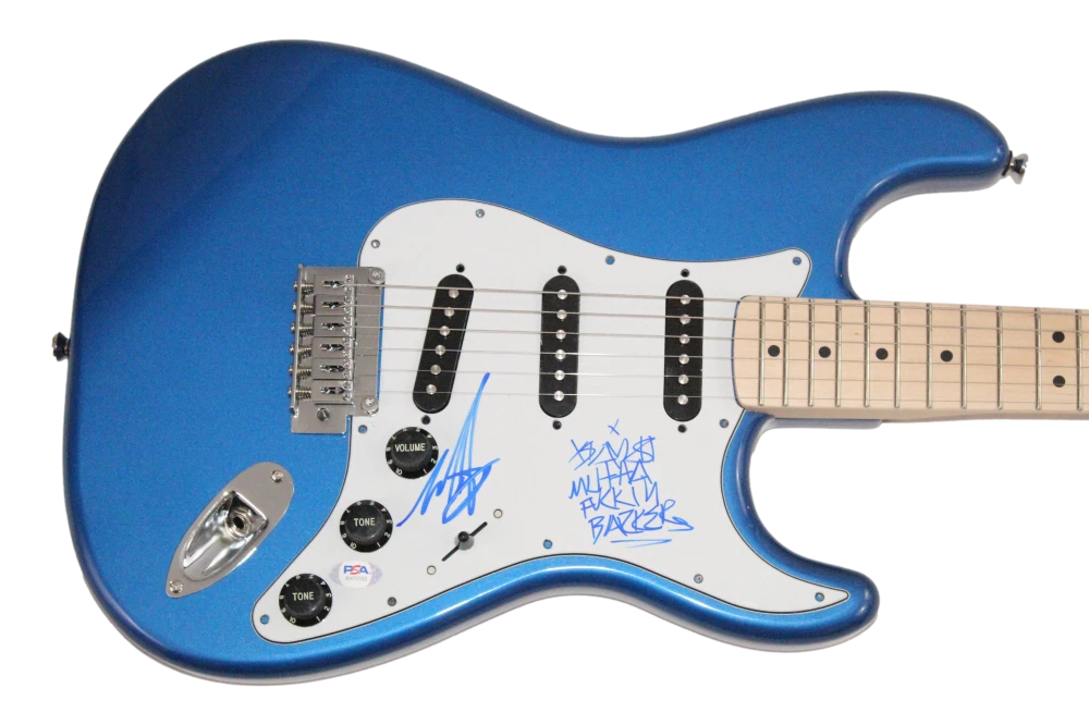 Travis Barker & Mark Hoppus Signed Autograph Blue Guitar - Blink182 PSA ...