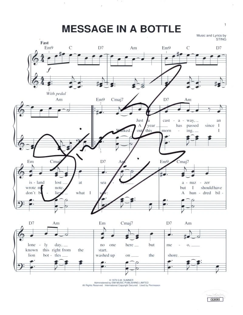 Sting The Police Signed Autograph Message in a Bottle Sheet Music w ...