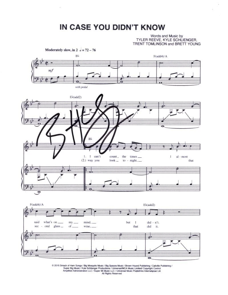 Brett Young Signed Autograph In Case You Didn't Know Sheet Music ...