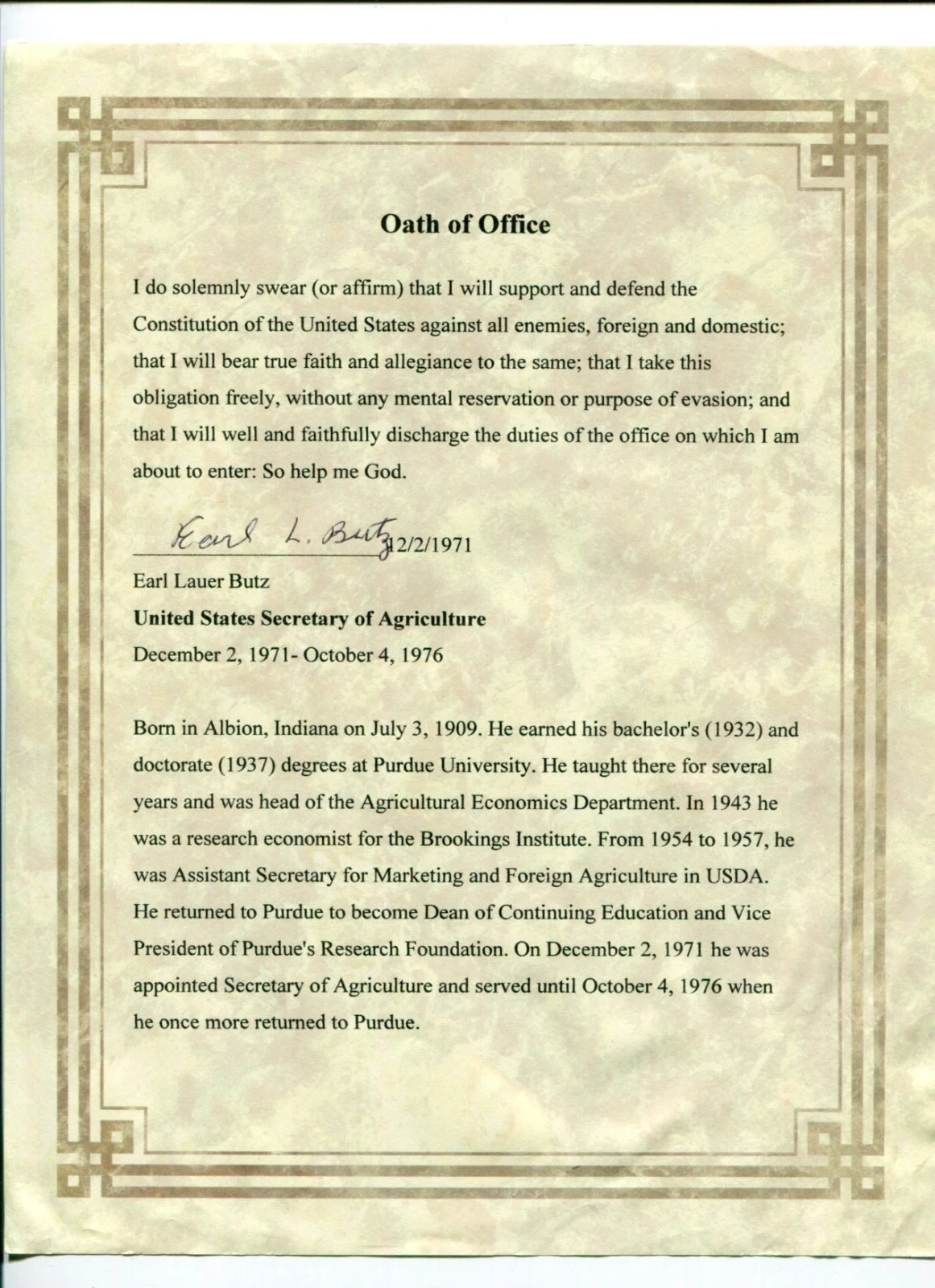 Earl Butz US Secretary of Agriculture Rare Signed Autograph Oath Of ...