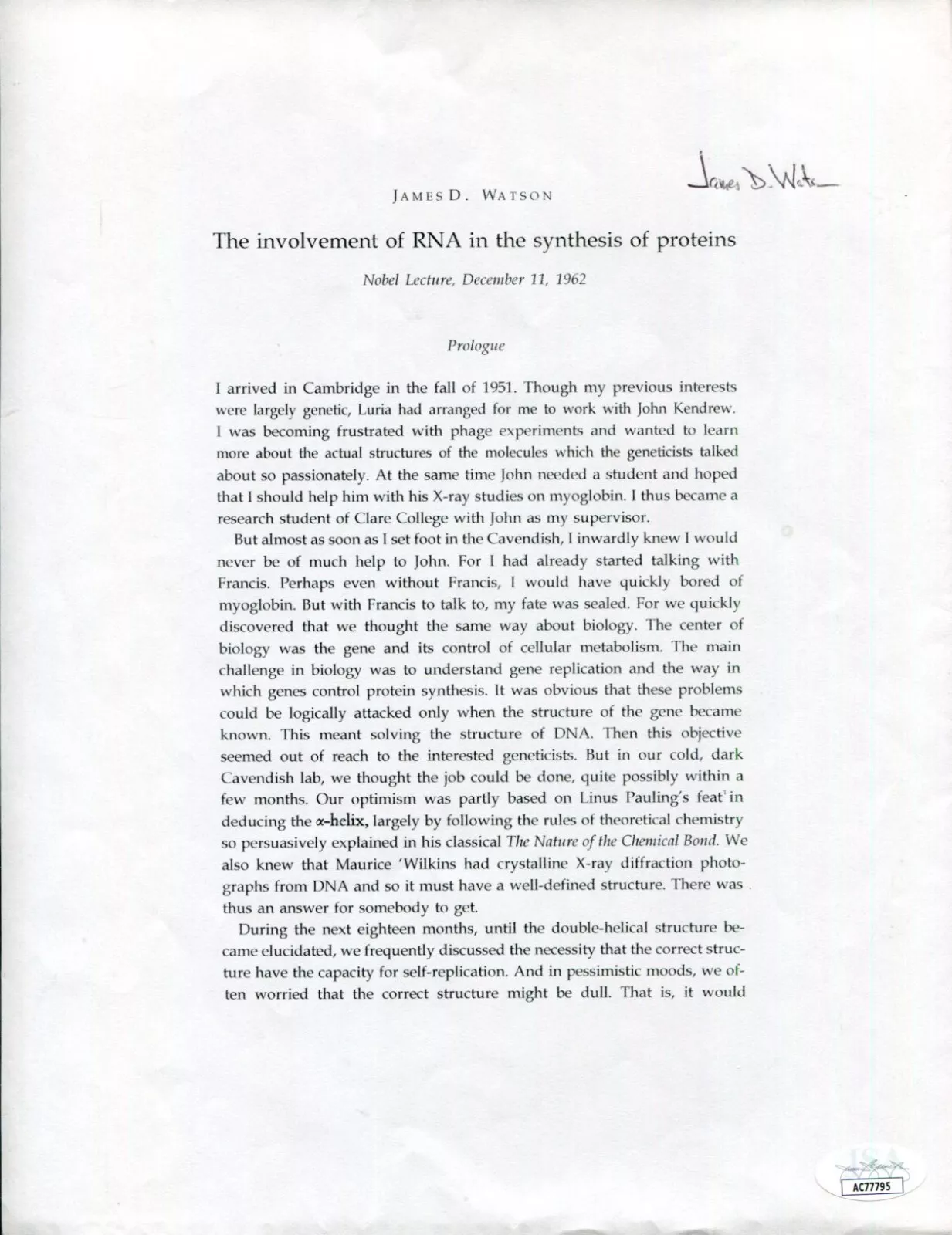 James Watson 1962 Nobel Prize Physiology Medicine Signed Autograph Lecture JSA | Autographia