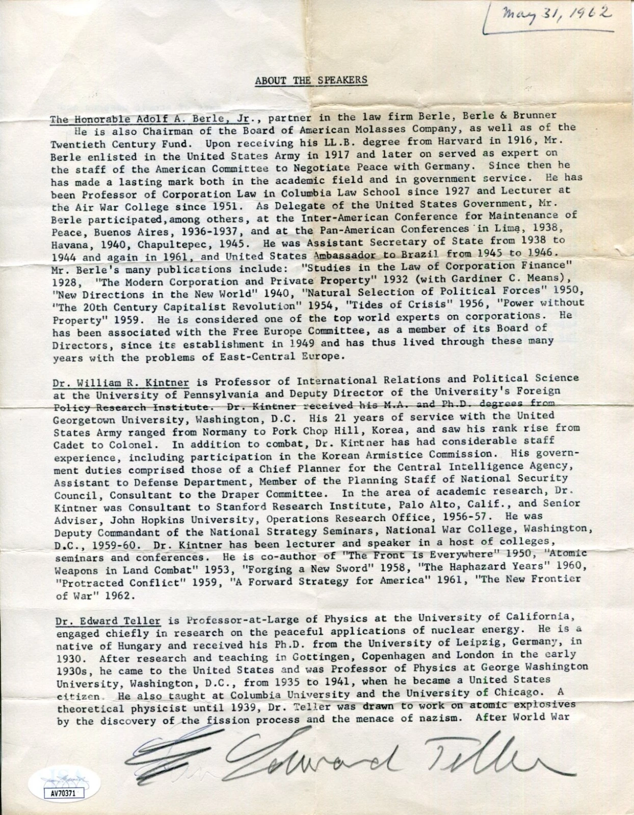 Edward Teller Father of the Hydrogen Bomb Physicist Signed Autograph ...