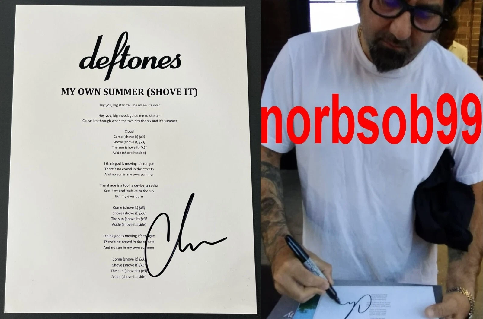 CHINO MORENO SIGNED DEFTONES MY OWN SUMMER LYRIC SHEET w/EXACT PROOF ...