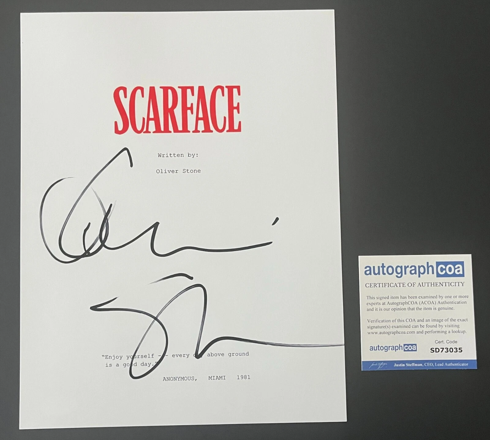 OLIVER STONE SIGNED AUTOGRAPH SCARFACE FULL MOVIE SCRIPT w/EXACT PROOF ...