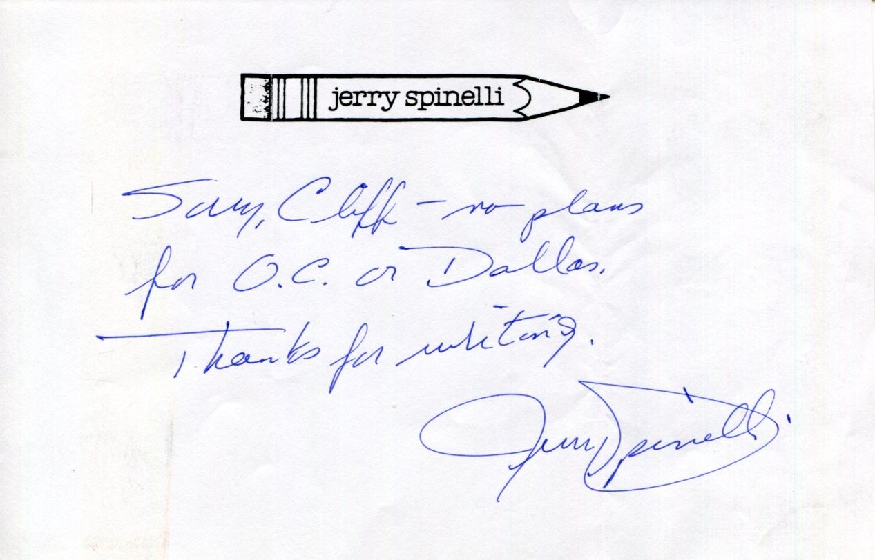 Jerry Spinelli Maniac Magee Wringer Author Newbery Medal Signed Note ...