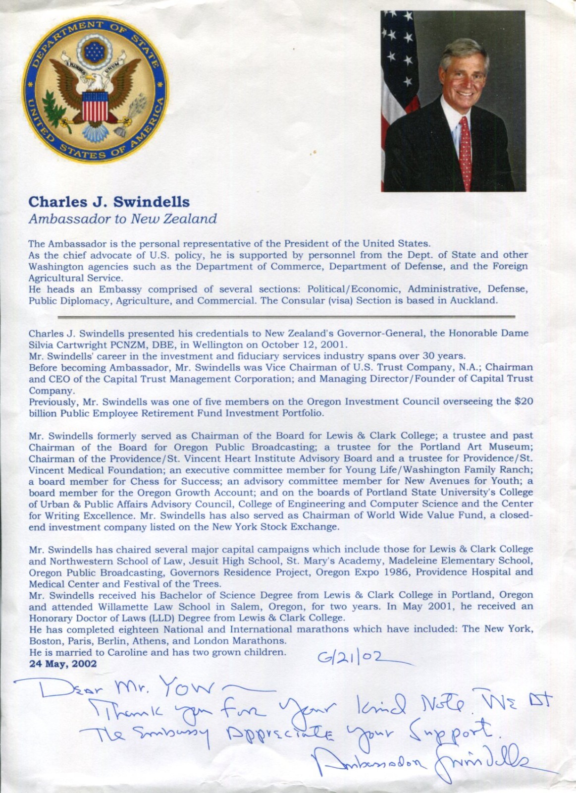 Charles Swindells US Ambassador New Zealand And Samoa Signed Autograph ...