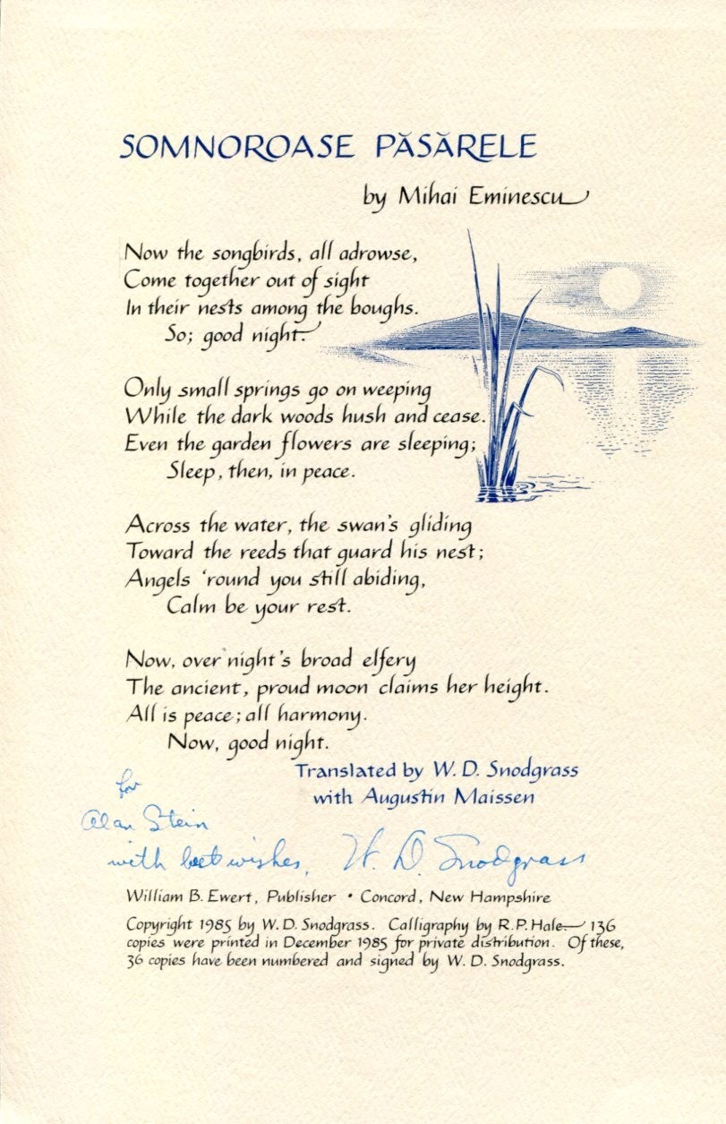 W. D. Snodgrass Pulitzer Prize Poet Signed Autograph Poem Somnoroase ...