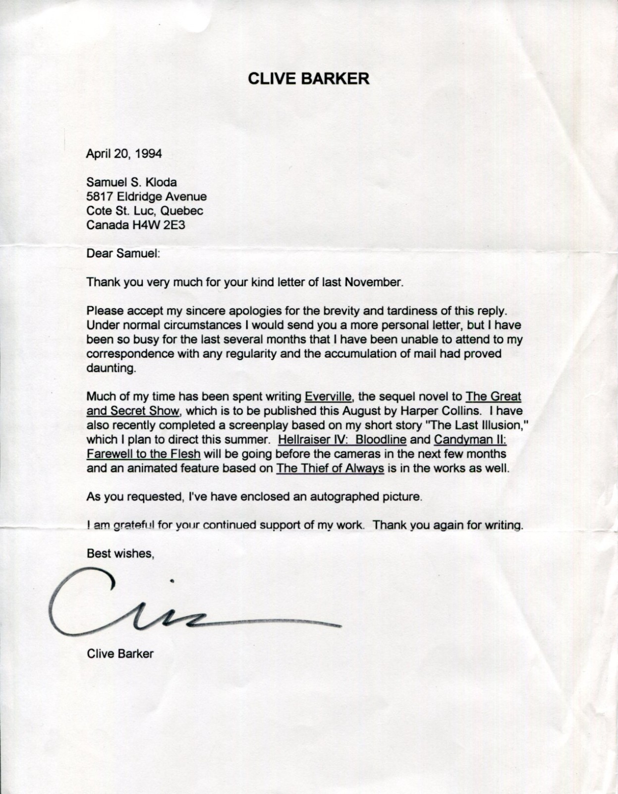 Clive Barker Hellraiser Candyman Horror Author Director Signed ...