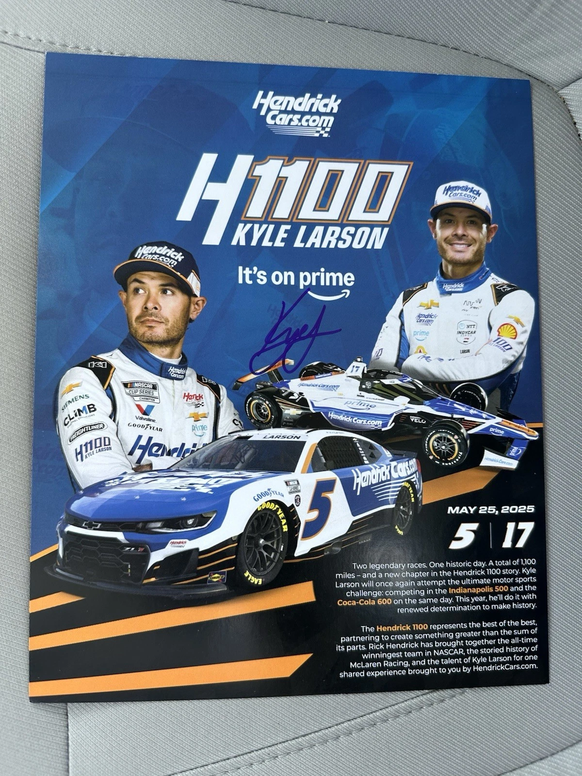 Kyle Larson Indy 500 Signed Car Promo Hero Card Autographed 2025 H1100 ...