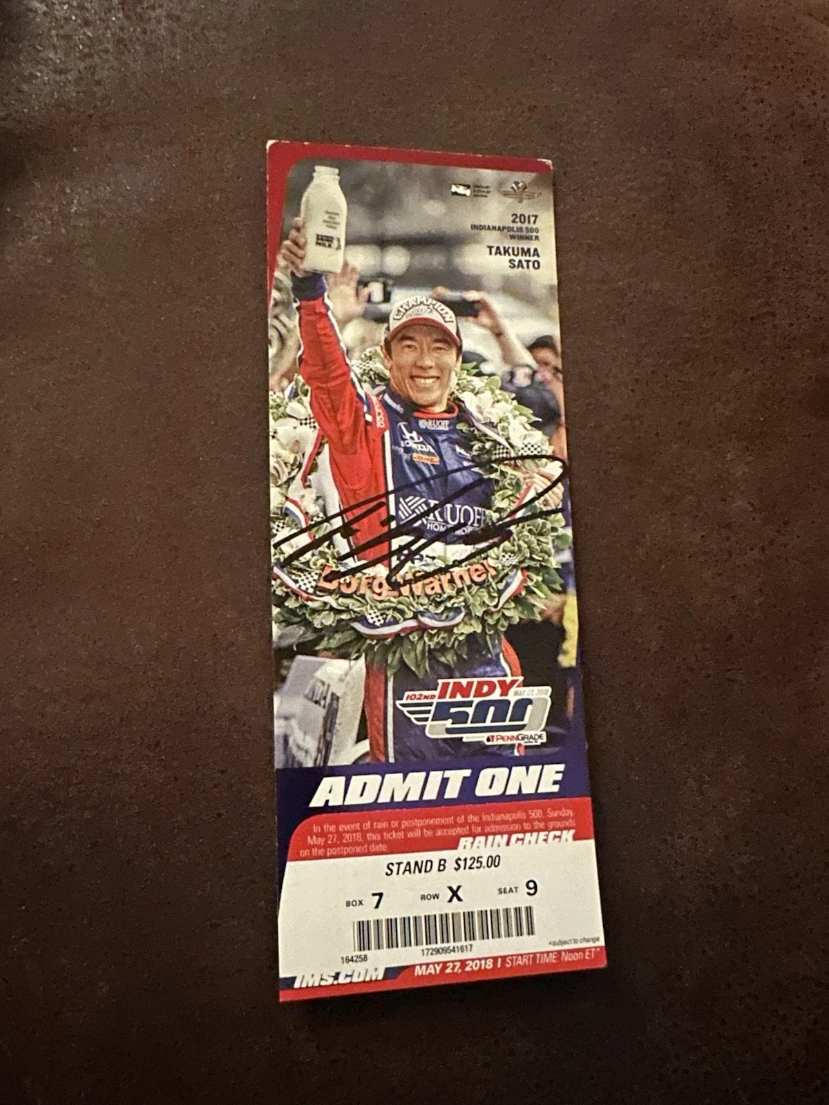 Takuma Sato (2017 Winner) Signed Indianapolis Indy 500 Ticket 2018 Race ...