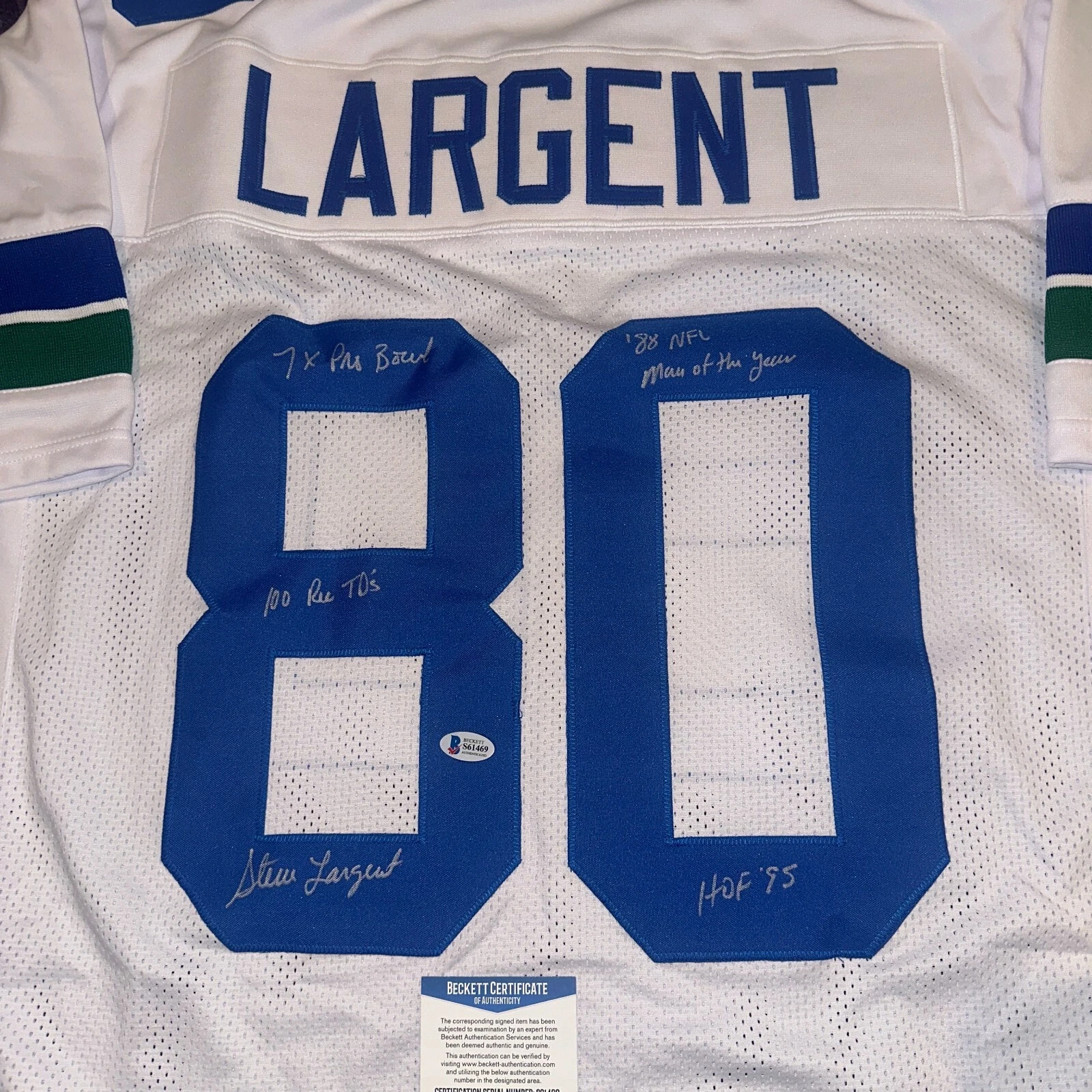 STEVE LARGENT Signed SEAHAWKS Custom Jersey Beckett Auth. (BAS) w ...