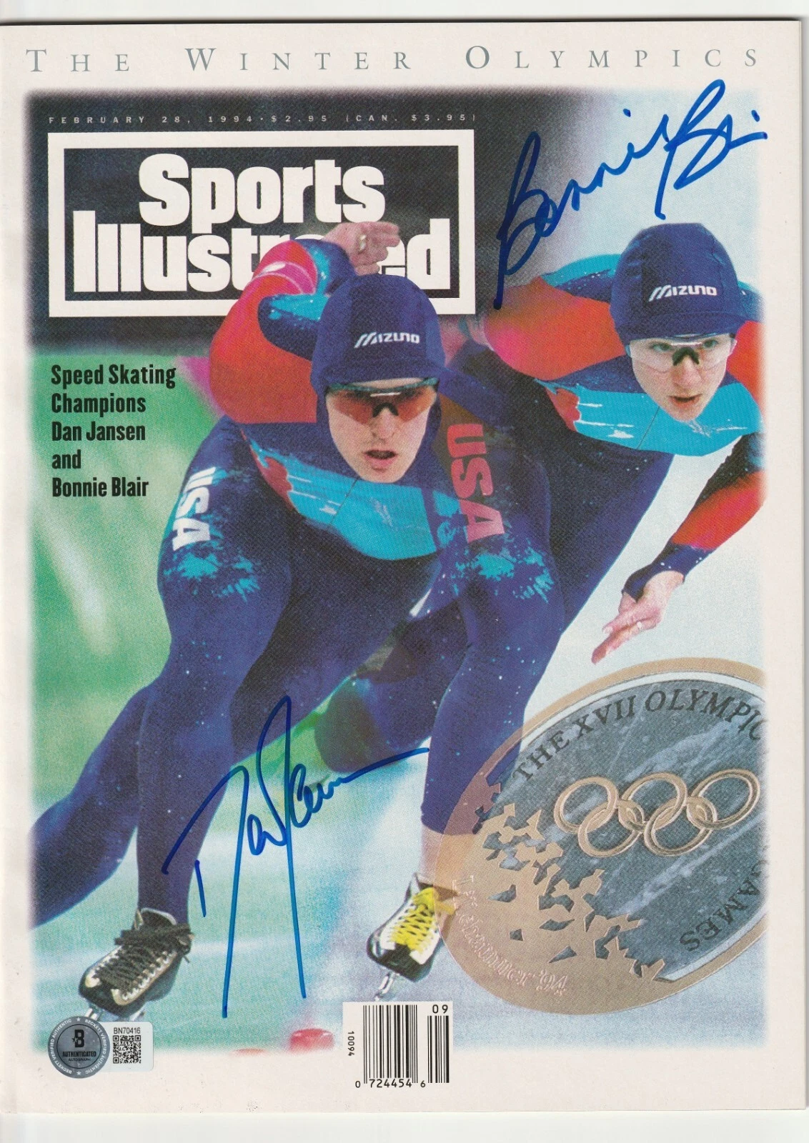 BONNIE BLAIR & DAN JANSEN Signed 2/28/94 SPORTS ILLUSTRATED Beckett NO ...