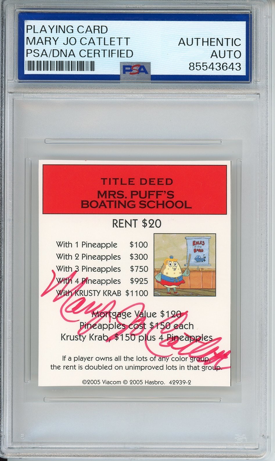 SPONGEBOB SQUAREPANTS MRS PUFF MONOPOLY CARD SIGNED MARY JO CATLETT PSA DNA COA | Autographia